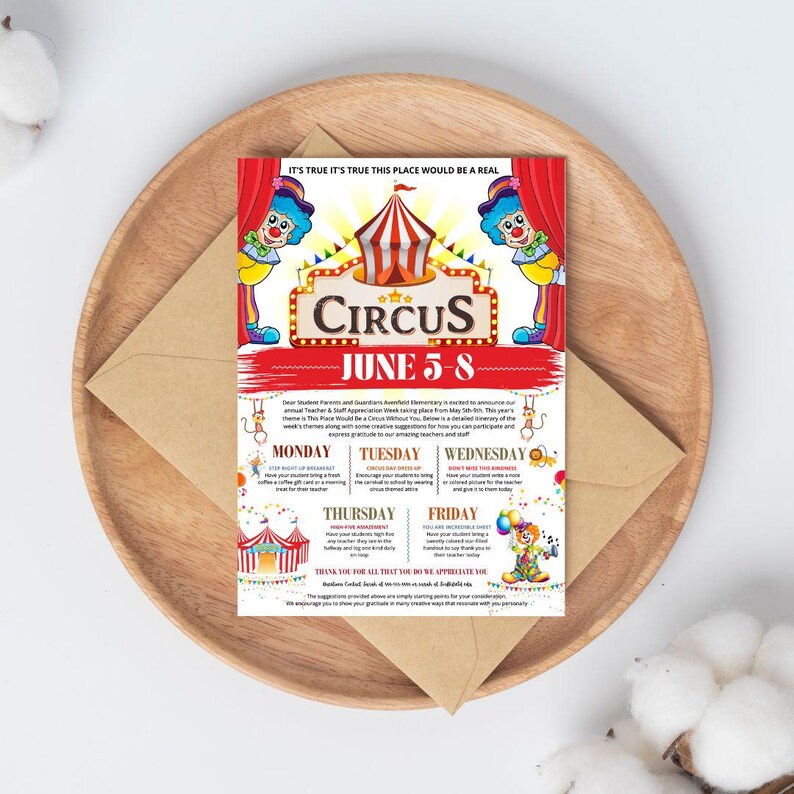 Circus Teacher Appreciation Flyer: Carnival Itinerary (canva Template ...