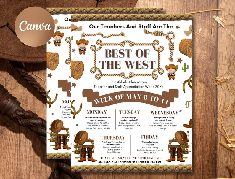 Western Theme Teacher Appreciation Itinerary | Editable Canva Schedule ...