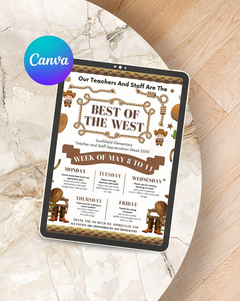 Western Theme Teacher Appreciation Itinerary | Editable Canva Schedule ...
