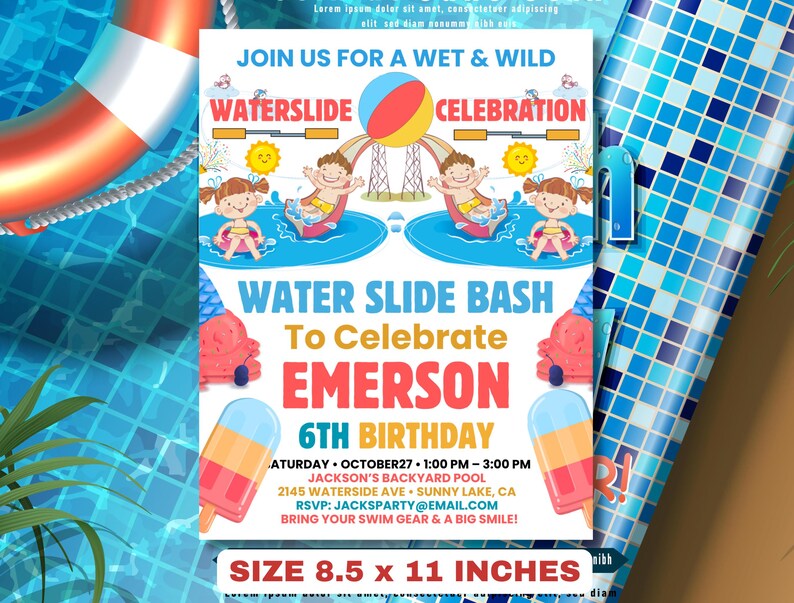 Editable Water Slide Birthday Invitation: Blue Splash Party (8.5x11 ...