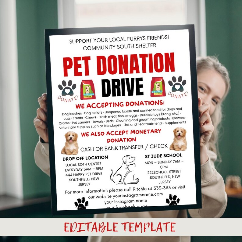 Pet Donation Drive Flyer Template: Animal Shelter Fundraiser (digital ...