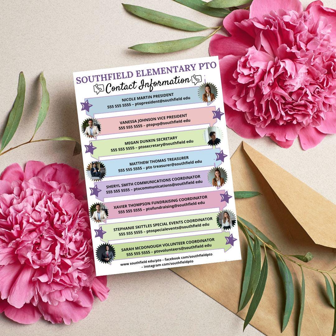 Editable PTA PTO Contact Information Sheet Template - Printable School ...