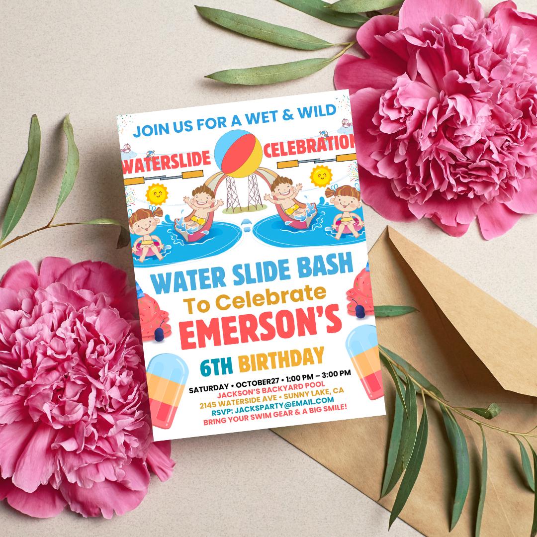 Editable Water Slide Birthday Invitation: Blue Splash Party (8.5x11 ...