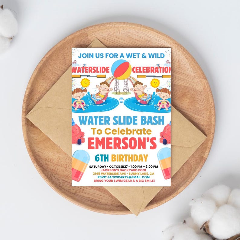 Editable Water Slide Birthday Invitation: Blue Splash Party (8.5x11 ...