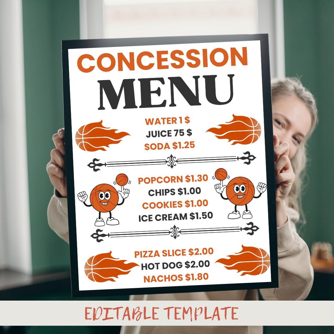 Basketball Concession Stand Menu Template: Sports Snack Bar Sign (canva ...