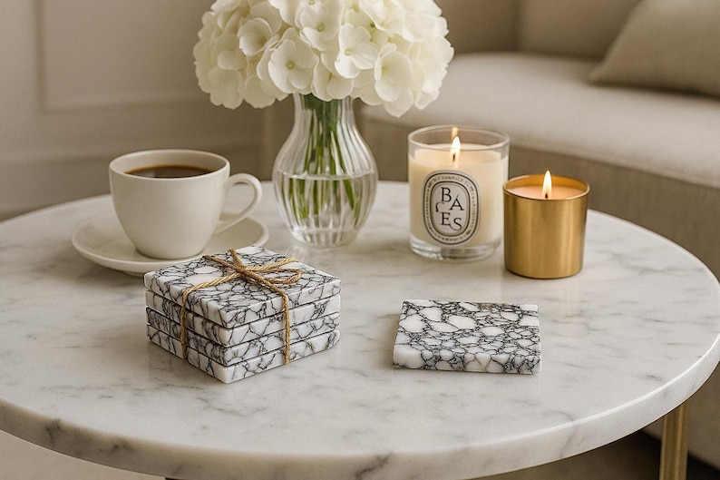 Luxury Calacatta Viola Marble Coasters, Set of 4, Square Drink Coasters ...