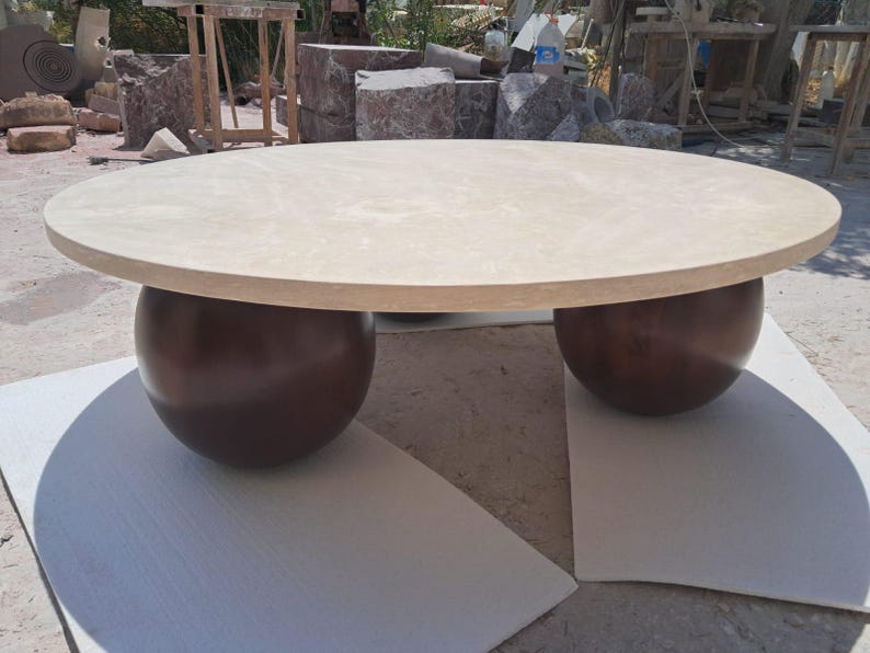 Round Travertine Coffee Table With Wooden Sphere Legs, Handcrafted ...