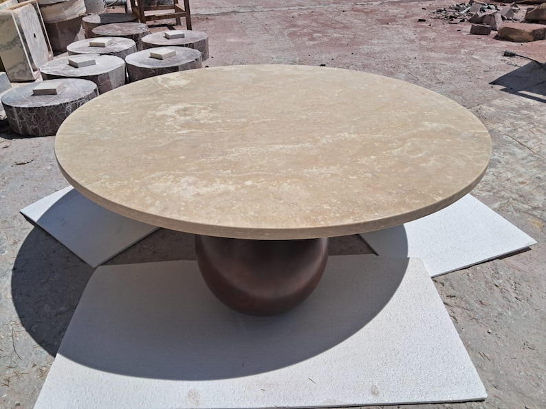 Round Travertine Coffee Table With Wooden Sphere Legs, Handcrafted ...