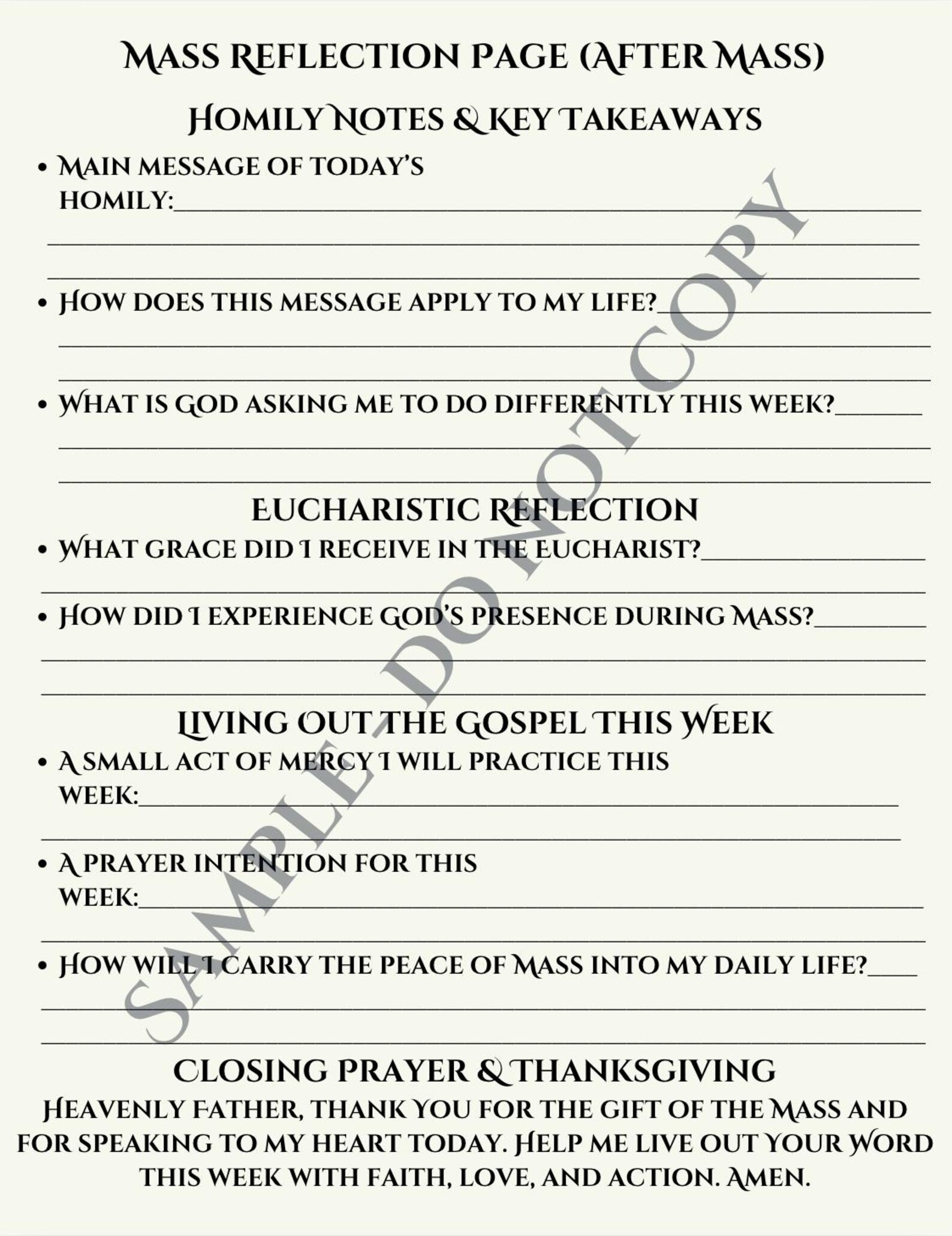 Sunday Mass Reflection Journal | Instant Download | Catholic Printable ...