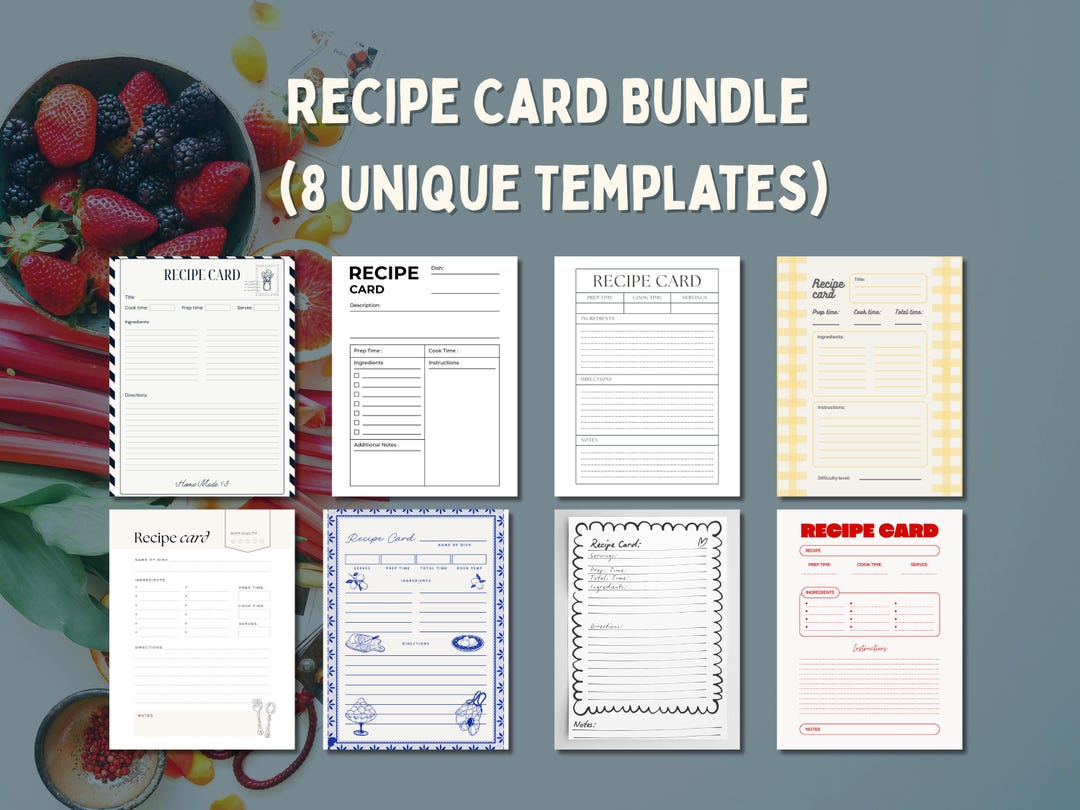 Printable Recipe Card Bundle (8 Unique Templates) - Etsy