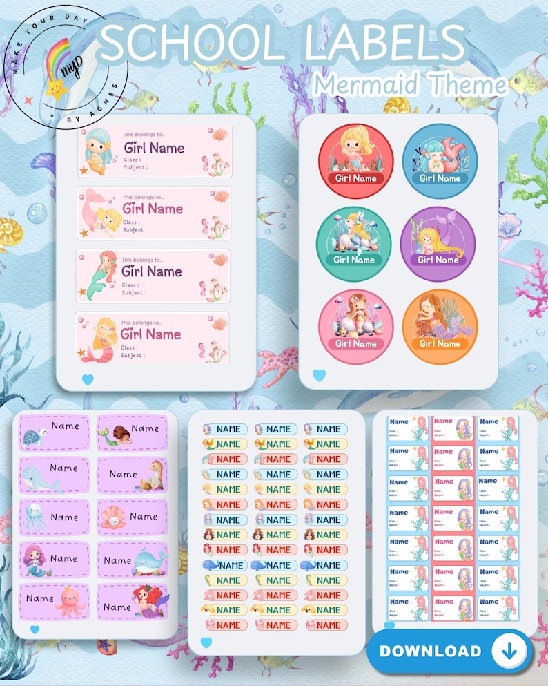 Mermaid Student Labels and School Schedule Editable Template - Etsy