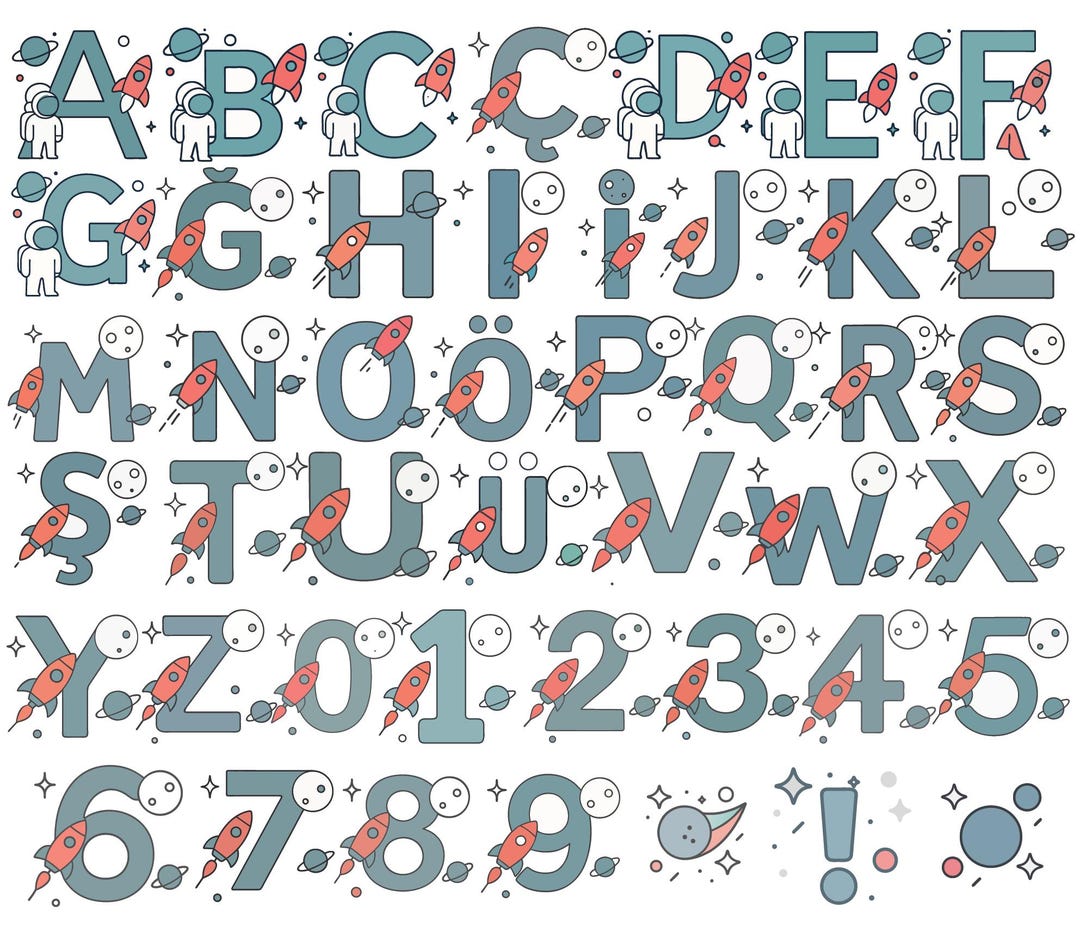 Space Alphabet - Numbers Clipart | Rocket Letters A–Z & 0–9 | Digital ...
