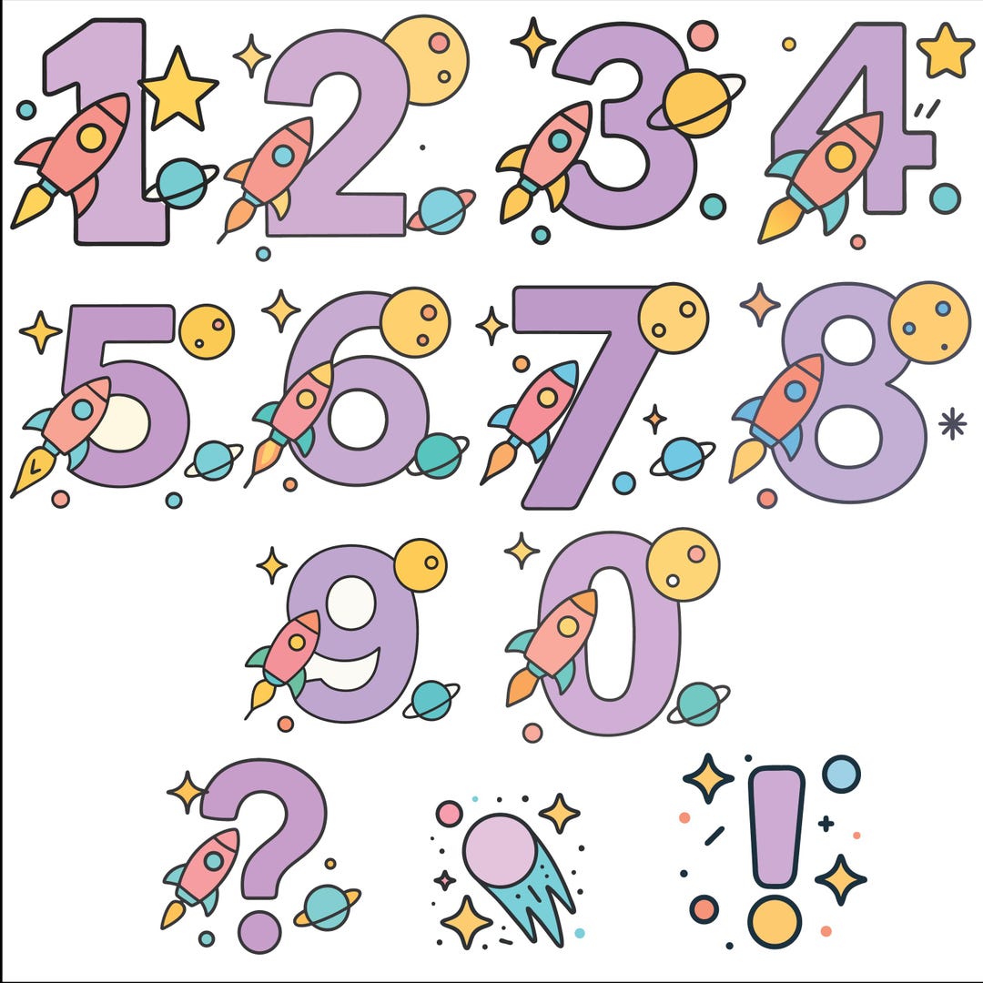 Space Numbers Clipart Set: Rocket & Planet Graphics (AI, SVG, PDF Files ...