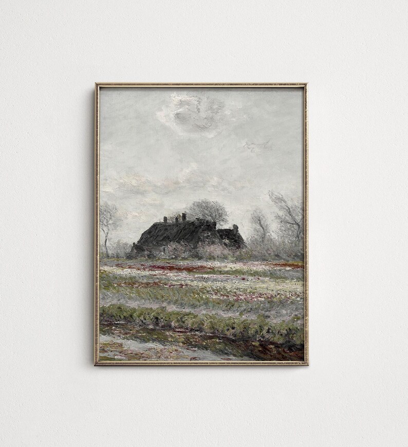 Vintage Cottage Field Landscape Wall Art Print: Moody Neutral Country ...
