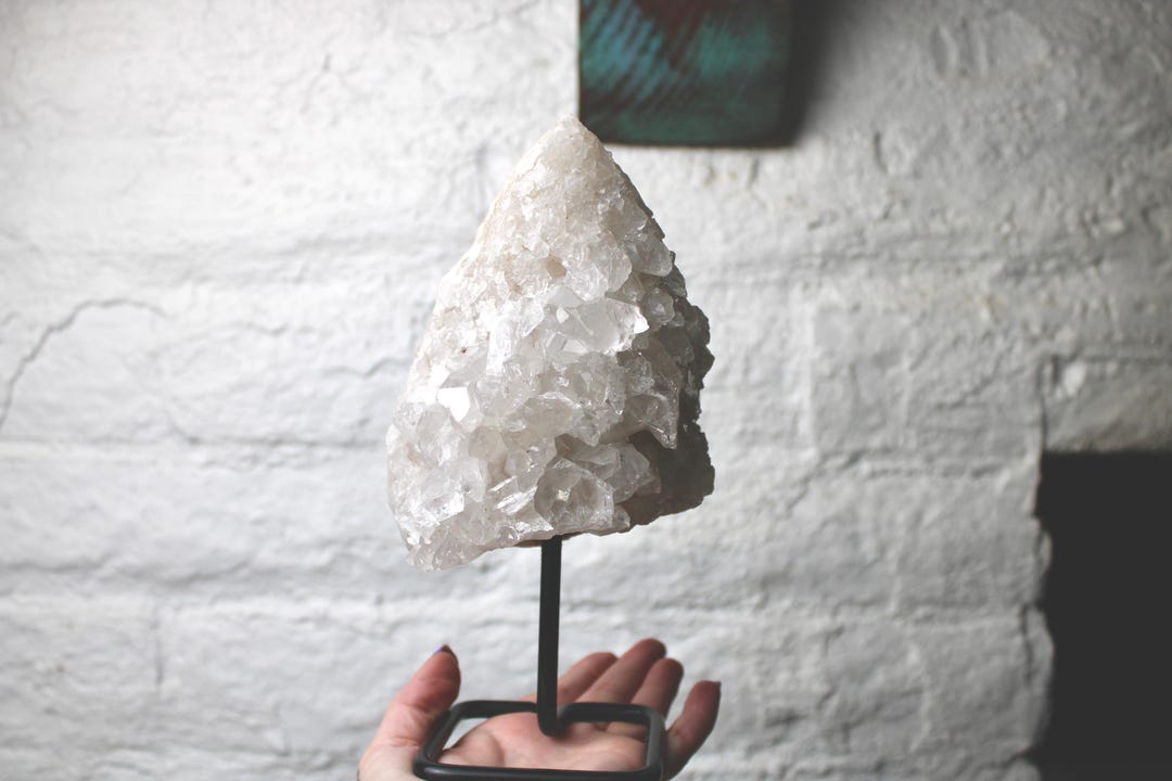 XL Raw Quartz Specimen on Black Metal Display Stand – 3.12 Lb Natural ...
