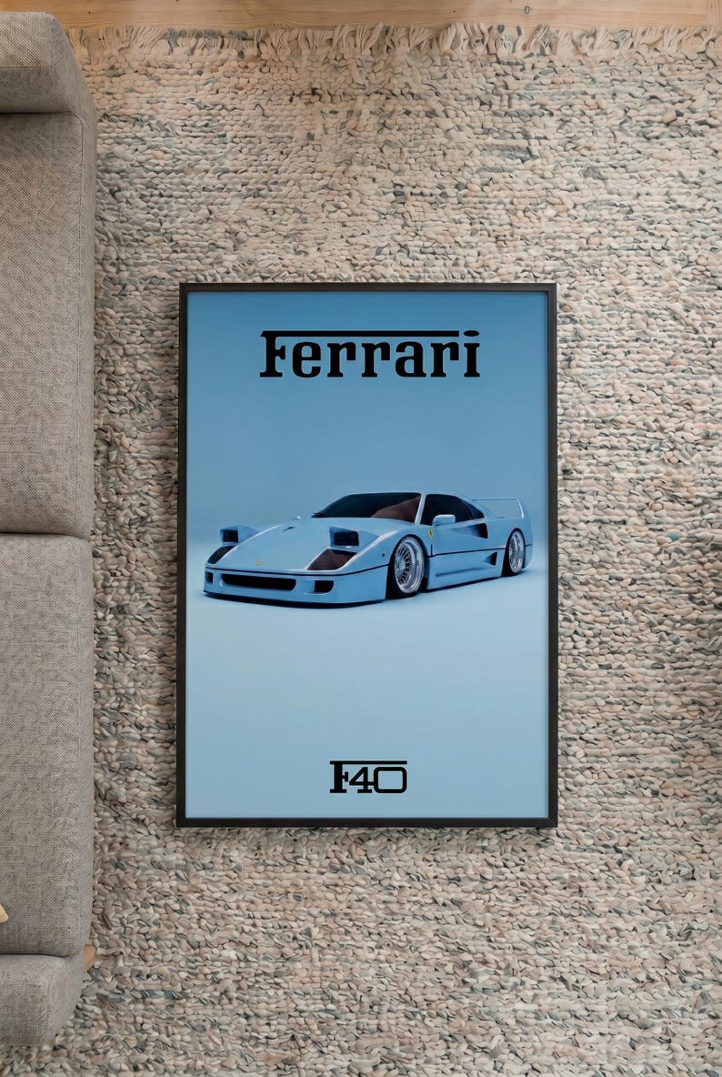 Ferrari F40 Poster: Light Blue Aesthetic Supercar Print, Pastel Car Art ...