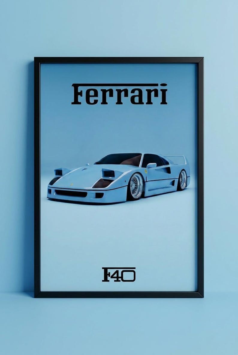 Ferrari F40 Poster: Light Blue Aesthetic Supercar Print, Pastel Car Art ...