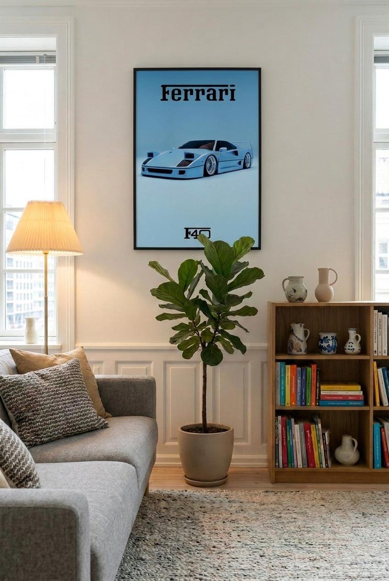 Ferrari F40 Poster: Light Blue Aesthetic Supercar Print, Pastel Car Art ...