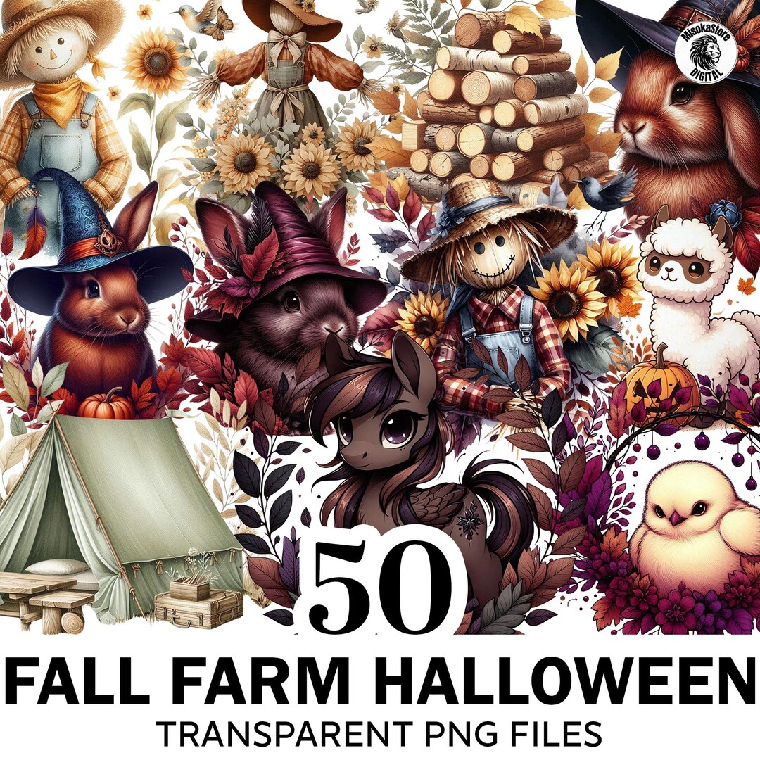 Fall Farm Clipart Bundle, 50 PNG Farm Animal, Halloween Vintage Clipart ...