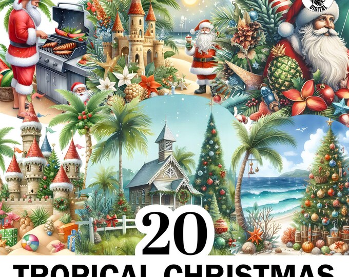 20+ Watercolor Tropical Christmas Clipart, Festive Beach Png Bundle ...
