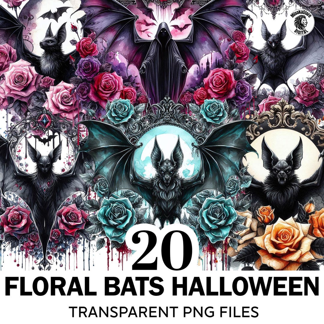 Floral Bats Clipart Bundle, 20 PNG Flying Bats, Gothic Halloween ...
