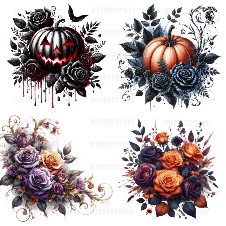 Halloween Flowers Clipart Bundle, 20 PNG Mystical Flower, Dark Fantasy ...