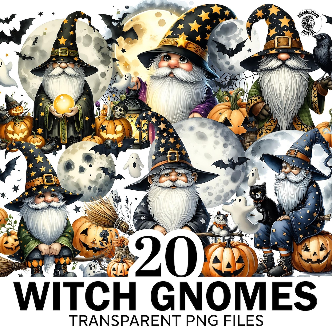 Halloween Gnomes Clipart Bundle, 20 PNG Witch Gnomes, Fairytale Witch ...
