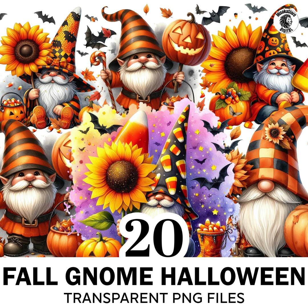 Watercolor Pumpkin Gnomes Clipart Bundle, 20 PNG Autumn, Fall Gnome ...