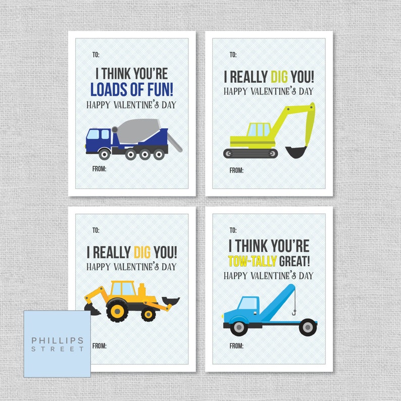 Printable Construction Vehicles Valentine's Day Cards . Kids' Truck ...