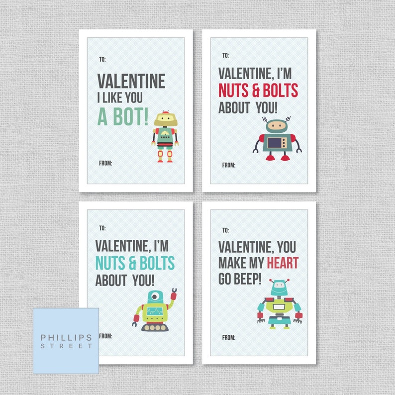 Printable ROBOT Valentine's Day Cards . Kids Classroom Valentine ...
