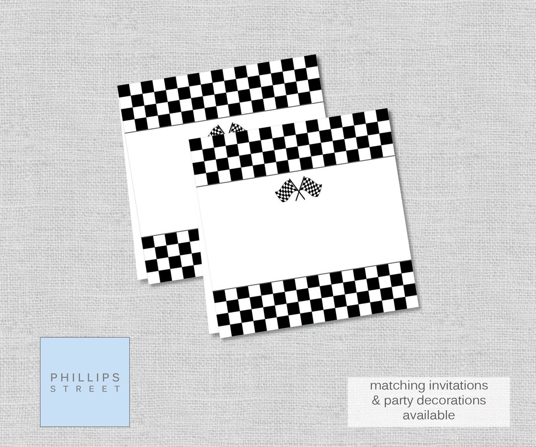 Printable RACE CAR Place Cards Black/white - Baby Shower - Racing Party ...
