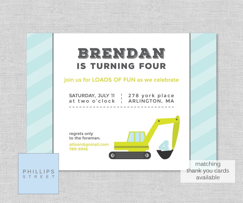 Printable CONSTRUCTION Birthday Party Invitation Excavator Construction ...