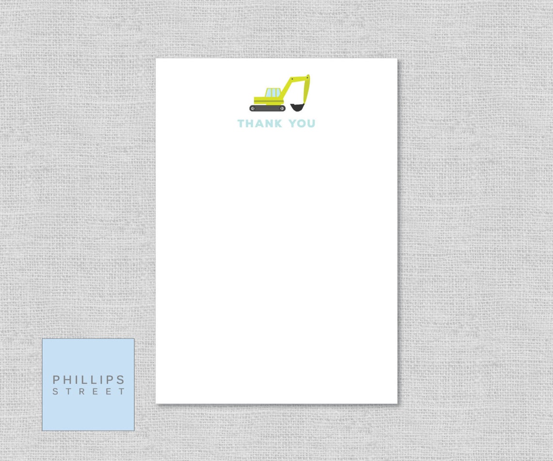 Printable CONSTRUCTION Thank You Cards Excavator Backhoe - Etsy