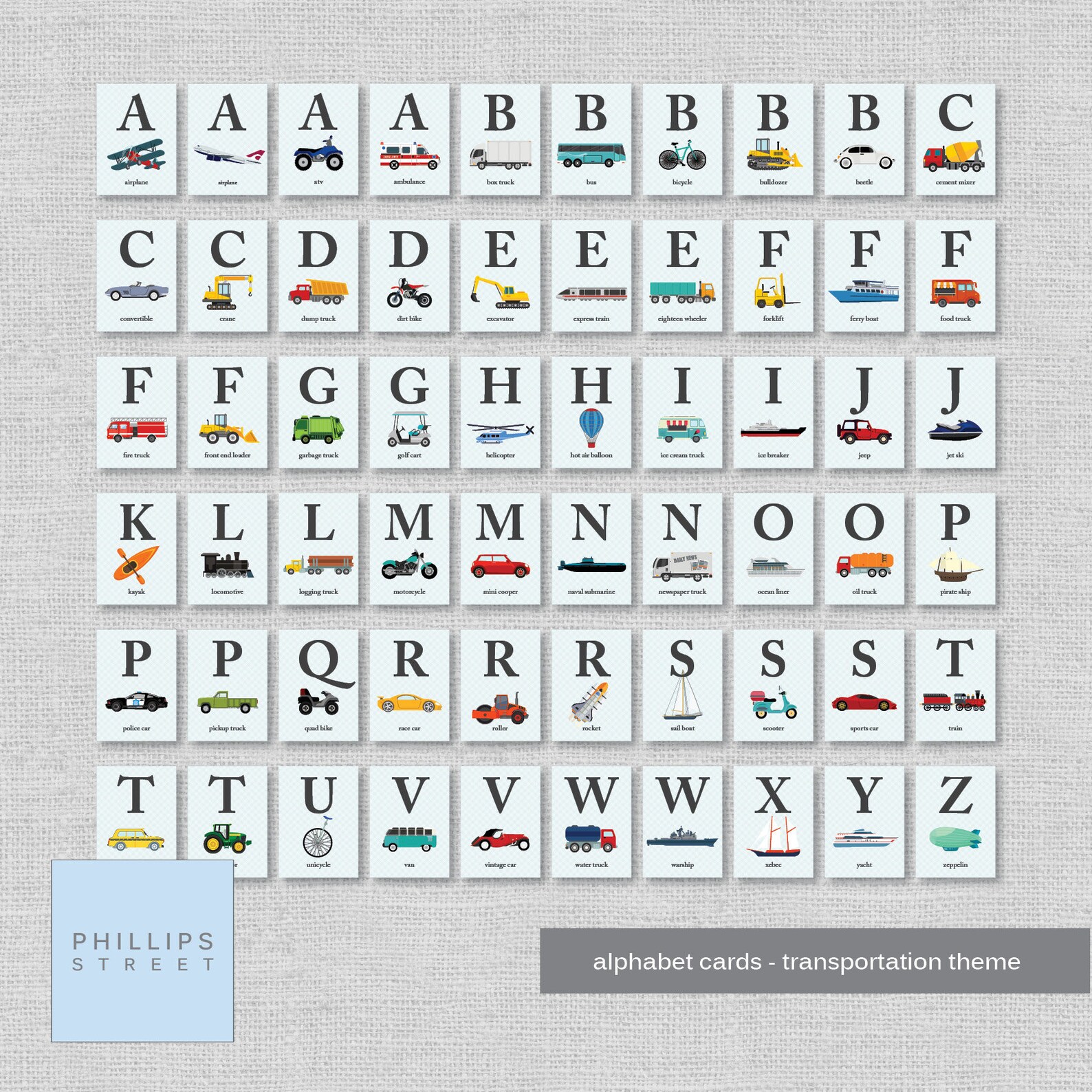 Printable Transportation Alphabet Cards . ABC Wall Art . Flash Cards ...