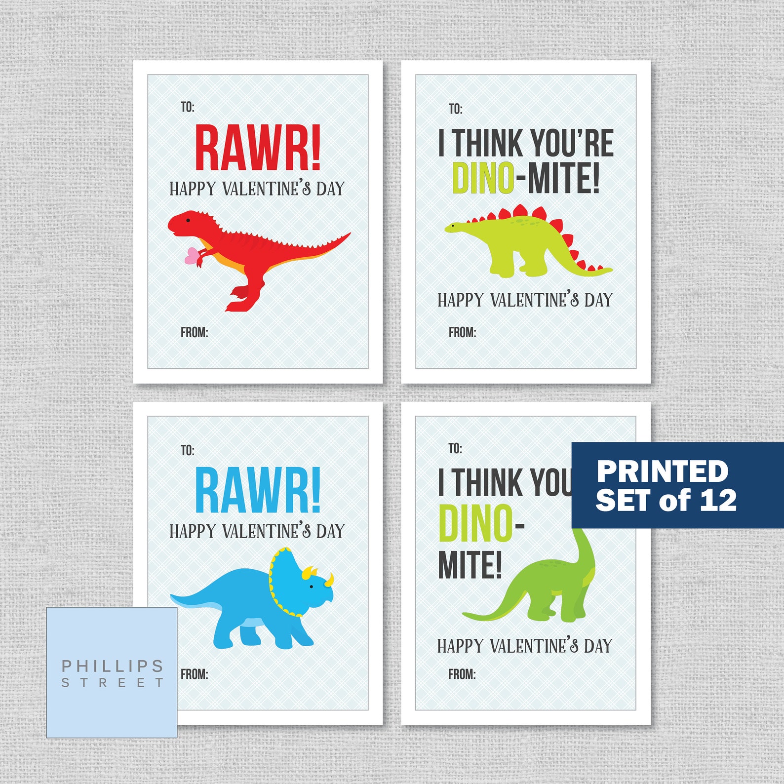 Printed DINOSAUR Valentine's Day Cards . SET of 12 . Classroom ...