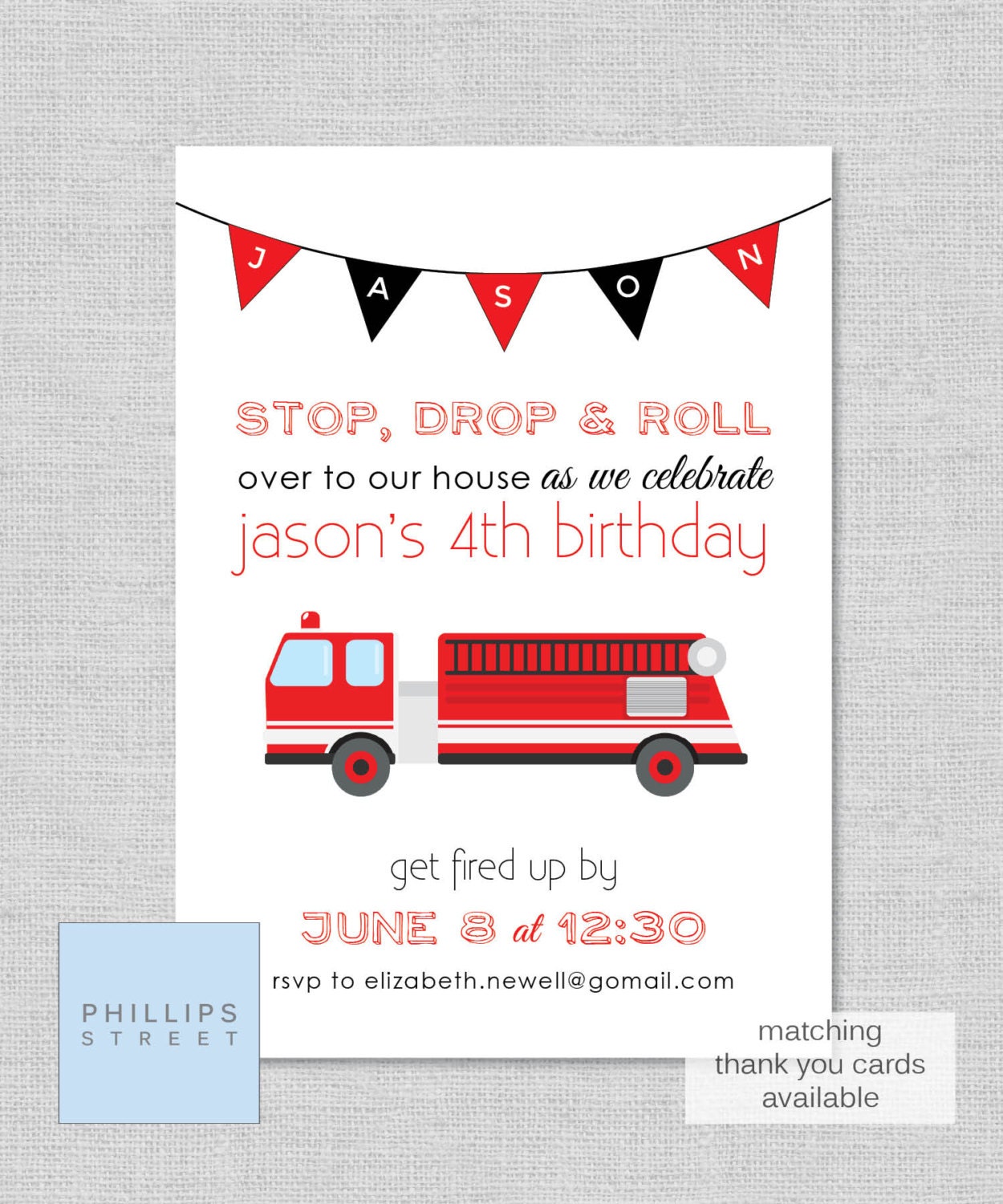 Printable FIRETRUCK Birthday Party Invitation Rescue Vehicle Custom ...