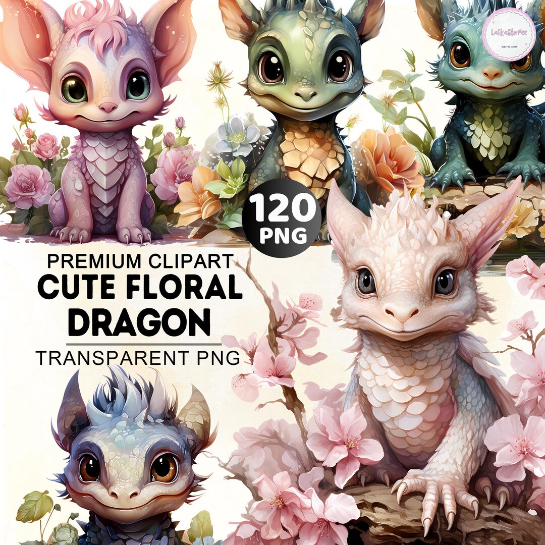 120+ Floral Baby Dragons Clipart , Cute Floral Dragon Clipart Bundle ...