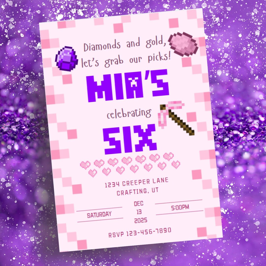 Minecraft Birthday Invite, Girls Minecraft Party, Pink Minecraft ...