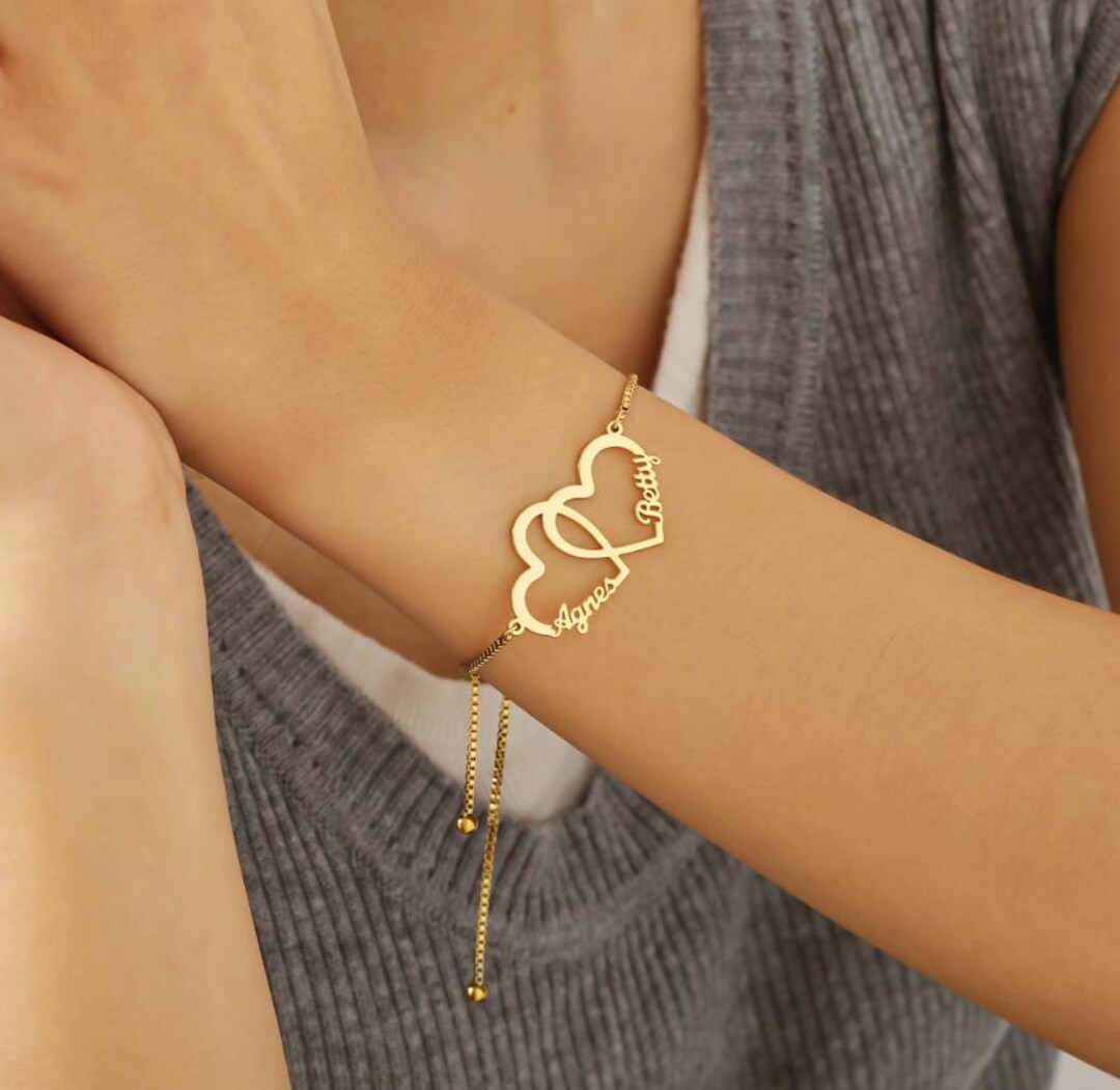 Adjustable Double Heart Name Bracelet | Custom Name Bracelet | Unique ...