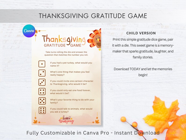 Printable Gratitude Dice Game | Thanksgiving Family Game | Kids & Adult ...