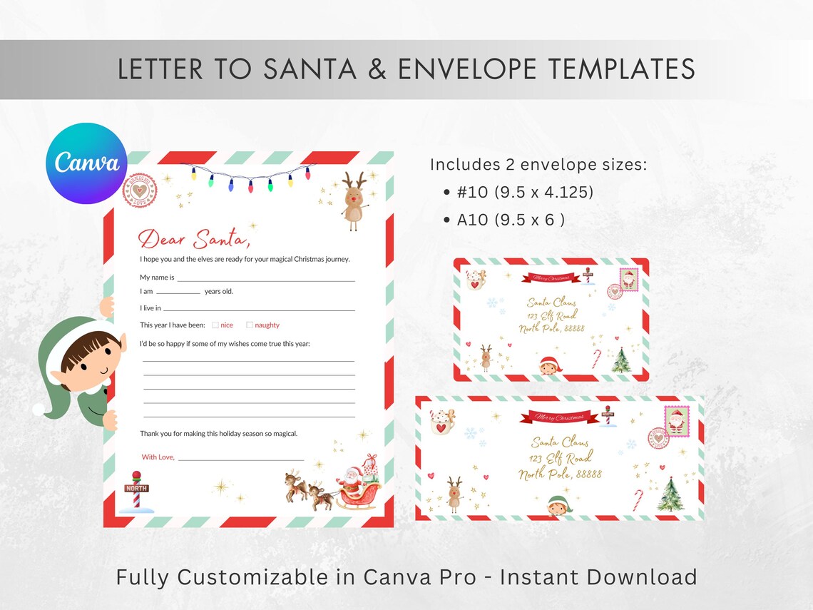 Letter to Santa & Envelope Template Digital Download, Santa Design ...