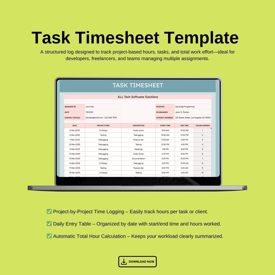 Task Timesheet Template, Task Organizer Spreadsheet, Daily Work ...