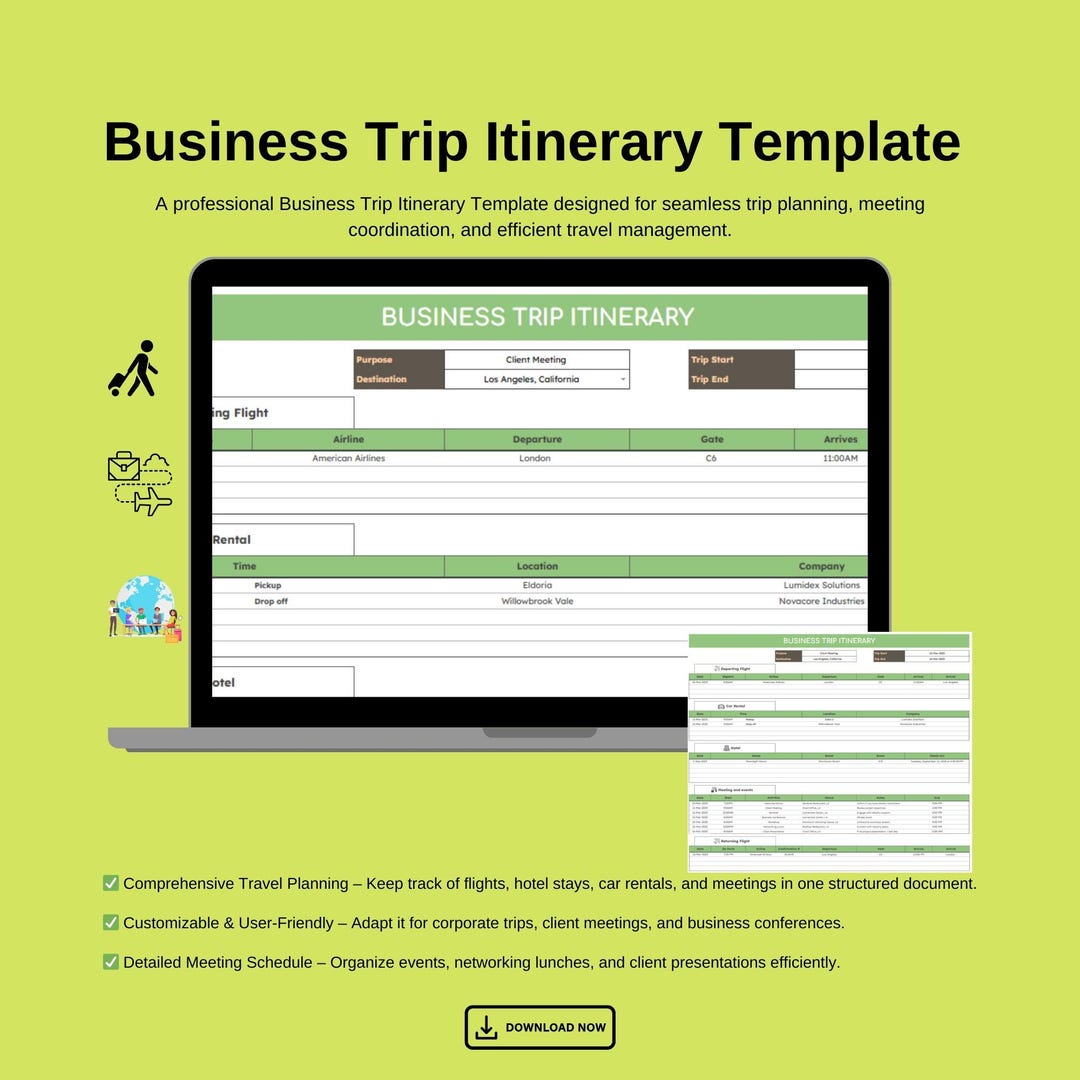 Business Trip Itinerary Template, Google Sheets Travel Planner, Flight ...