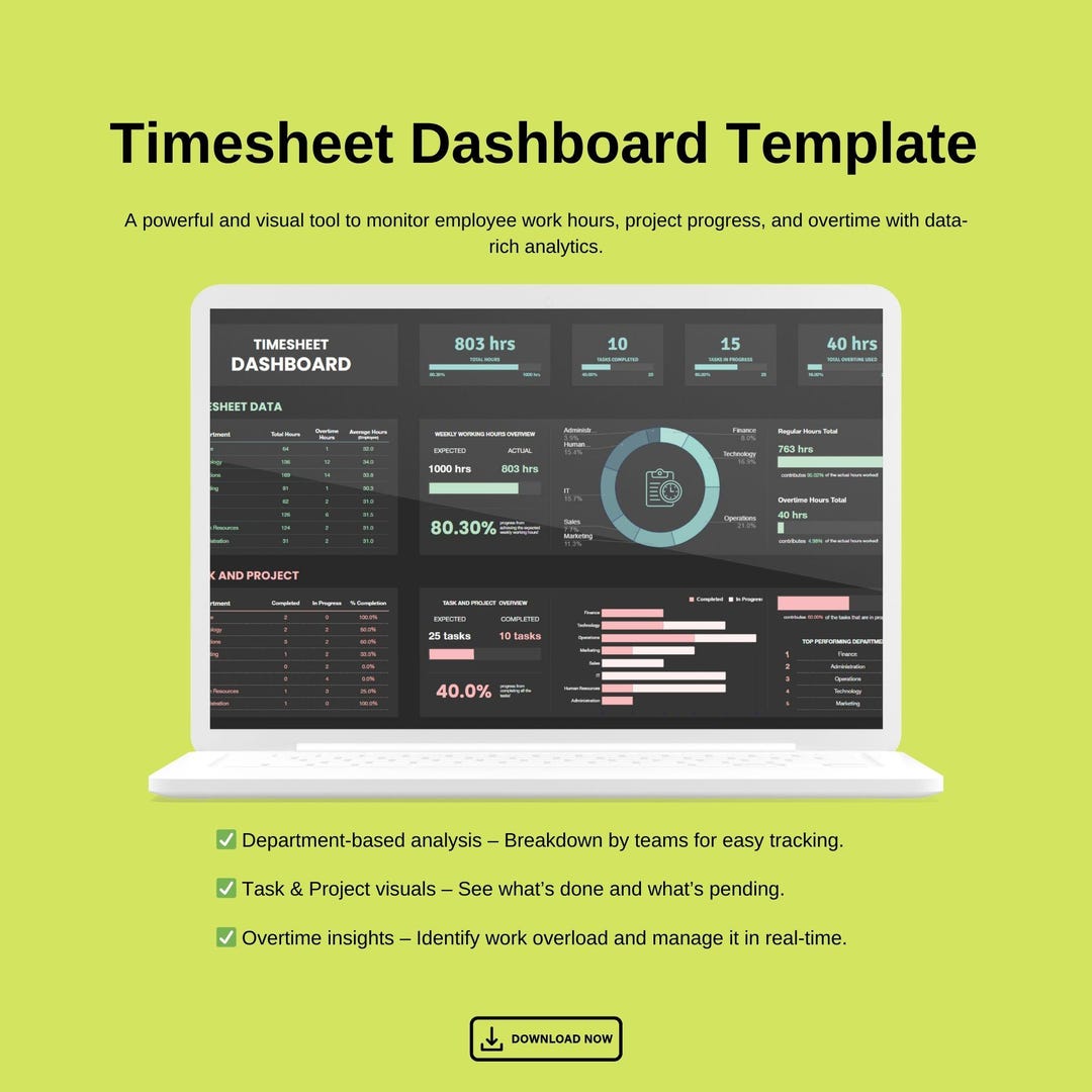 Timesheet Dashboard Template, Employee Hours Tracker, Task & Overtime ...