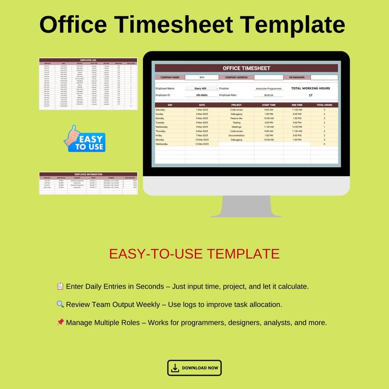 Office Timesheet Template, Google Sheets Work Hour Tracker, Employee ...