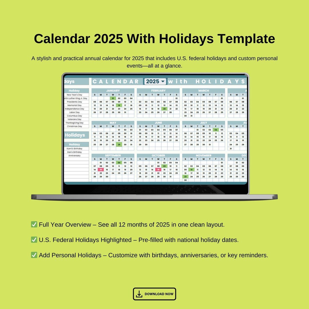 Google Sheets Yearly Planner, U.S. Holiday Tracker, Editable Calendar ...