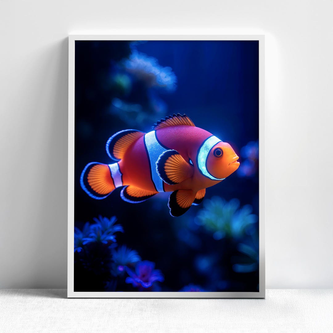 Glow Fish Wall Art, Neon Clownfish Poster, Underwater Decor - Etsy