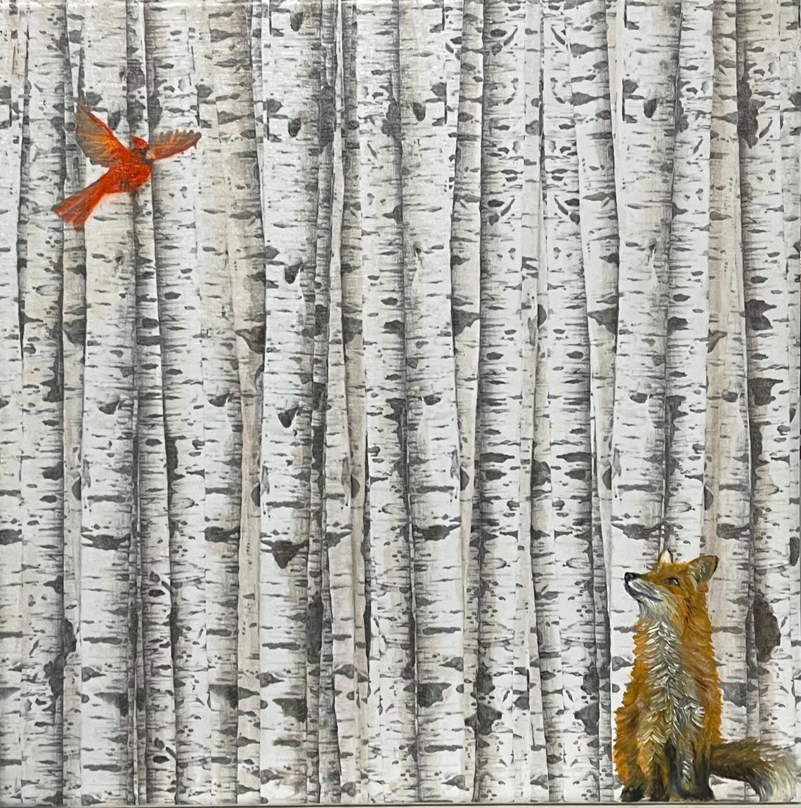 Fox and Cardinal in Birch Trees - Etsy