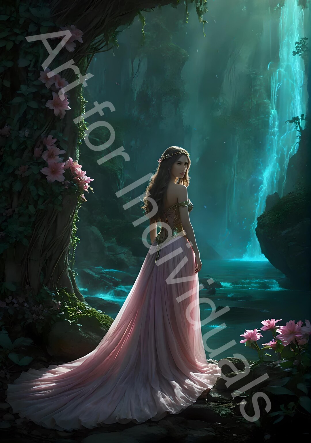 Mystical Waterfall Princess Art Print – Fantasy Wall Decor | Ethereal ...