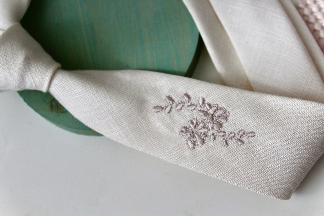 Ivory Soft Linen Necktie With Floral Tonal Embroidery - Etsy